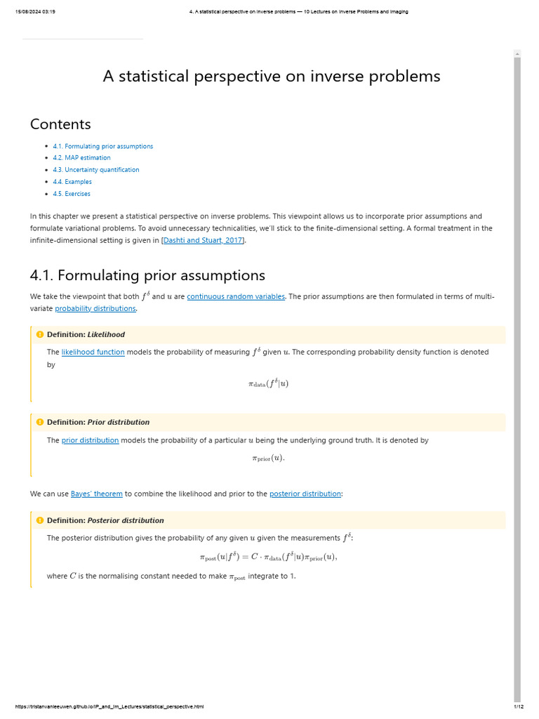 A Statistical Perspective On Inverse Problems - 10 Lectures On Inverse Problems and Imaging ...