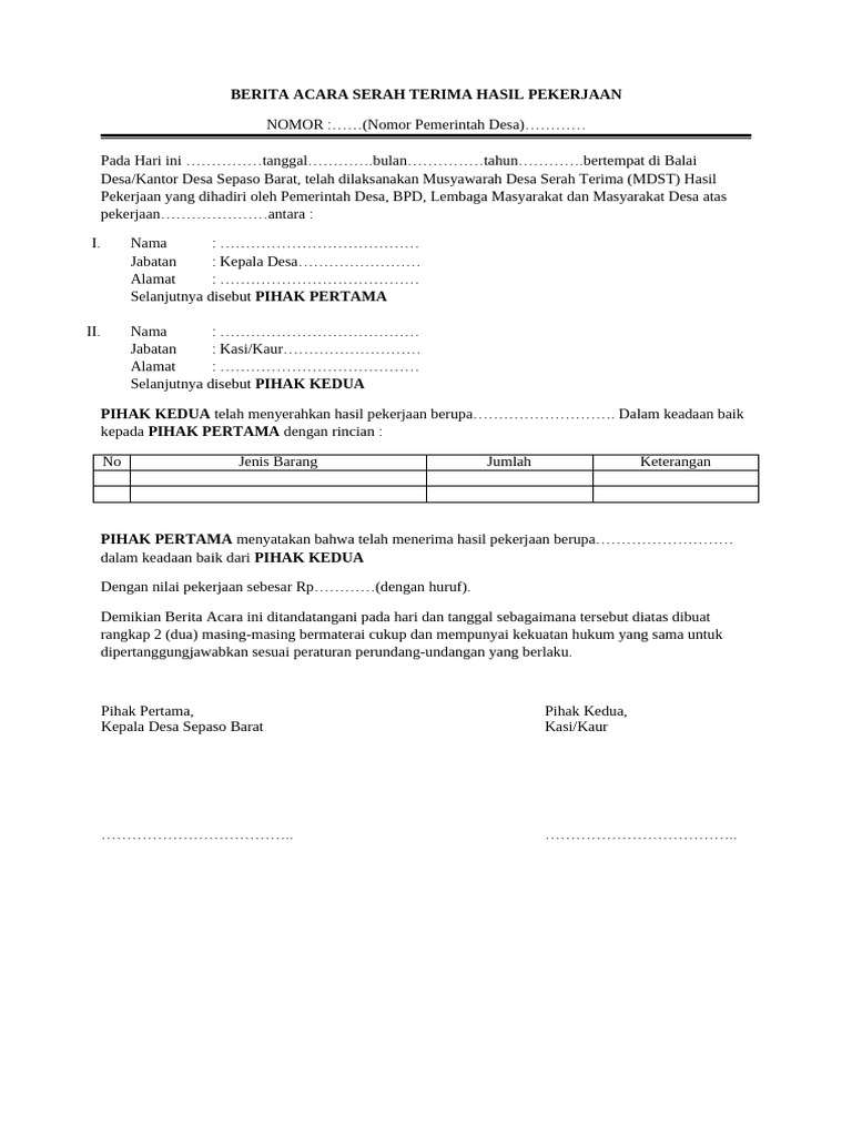 21 BA Serah Terima Hasil Pekerjaan | PDF