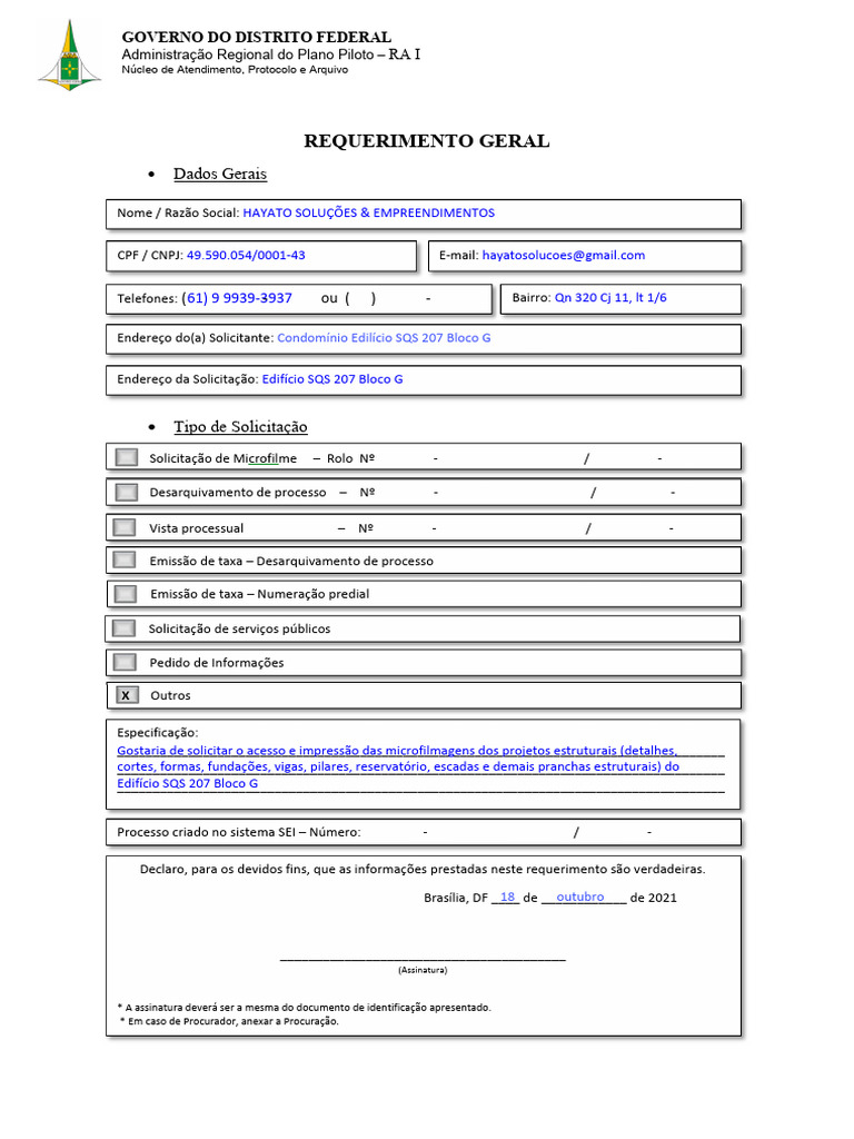 Requerimento Geral ADM Plano Piloto 18.10.2024 | PDF