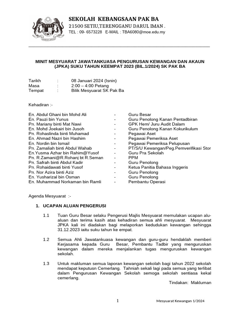 CONTOH_MINIT_MESYUARAT_JAWATANKUASA_PENGURUSAN_KEWANGAN_DAN_AKAUN | PDF