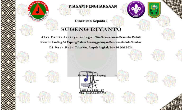 Piagam Tim Relawan Pramuka Peduli Sumbar | PDF