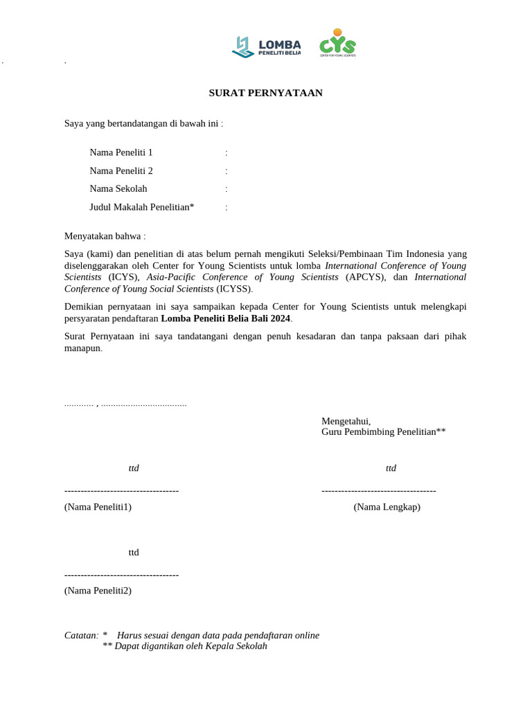 LPB BALI 2024 - Format - Surat Pernyataan | PDF