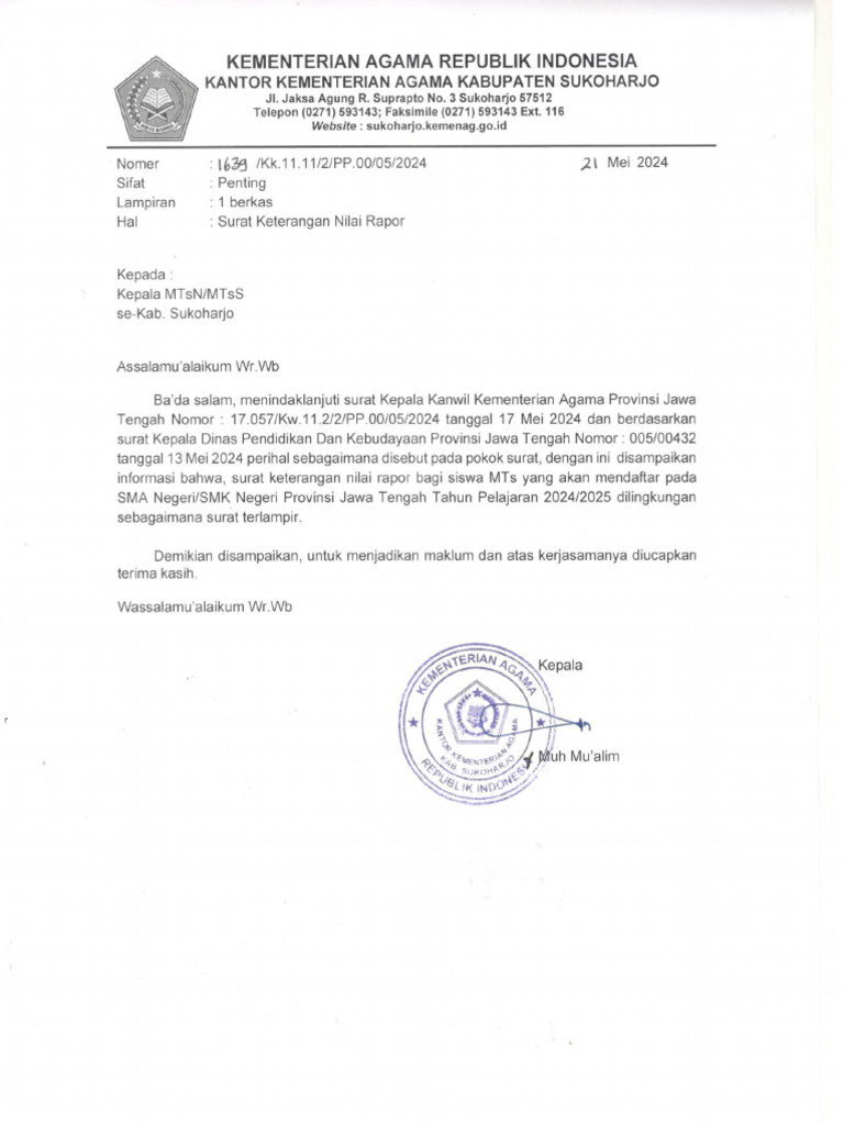 Surat Keterangan Nilai Rapor | PDF