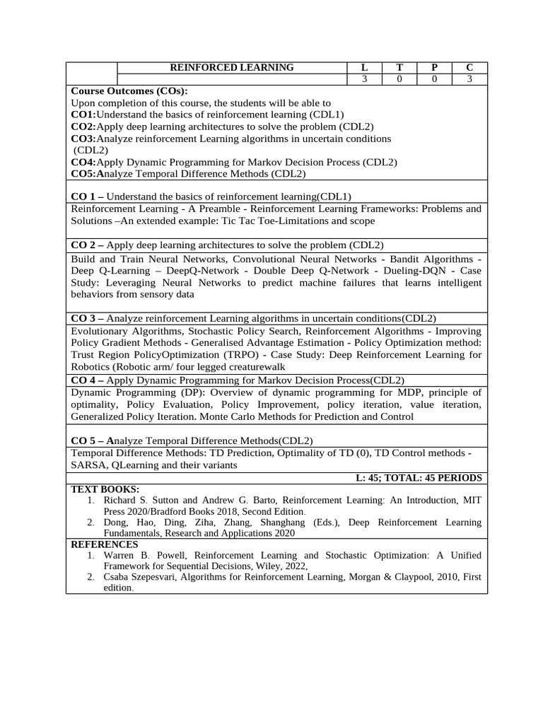 Reinforcement Learning Syllabus | PDF | Artificial Neural Network | Cognitive Science