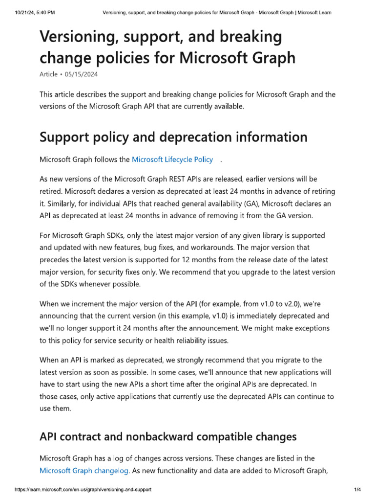 Versioning, Support, and Breaking Change Policies For Microsoft Graph | PDF