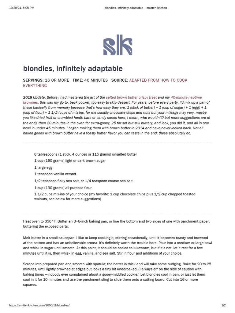 Blondies, Infinitely Adaptable - Smitten Kitchen | PDF | Teaspoon | Chocolate