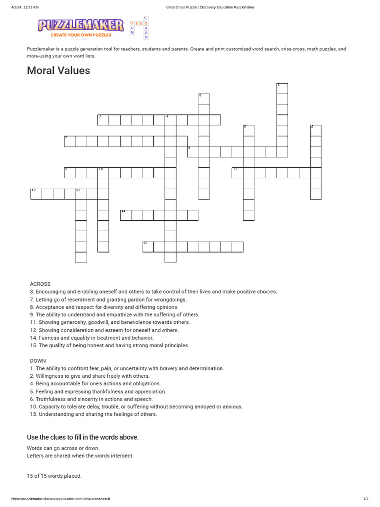Criss Cross Puzzle - Discovery Education Puzzlemaker | PDF