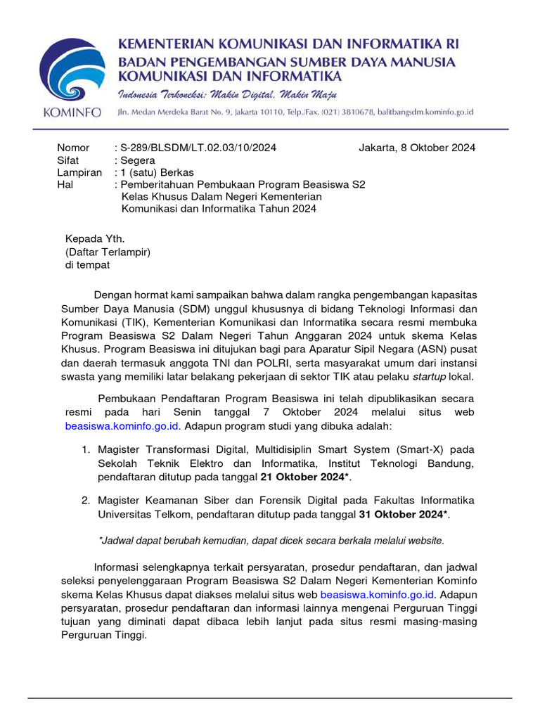 Surat Pemberitahuan Pembukaan Program Beasiswa S2 Kelas Khusus DN ...