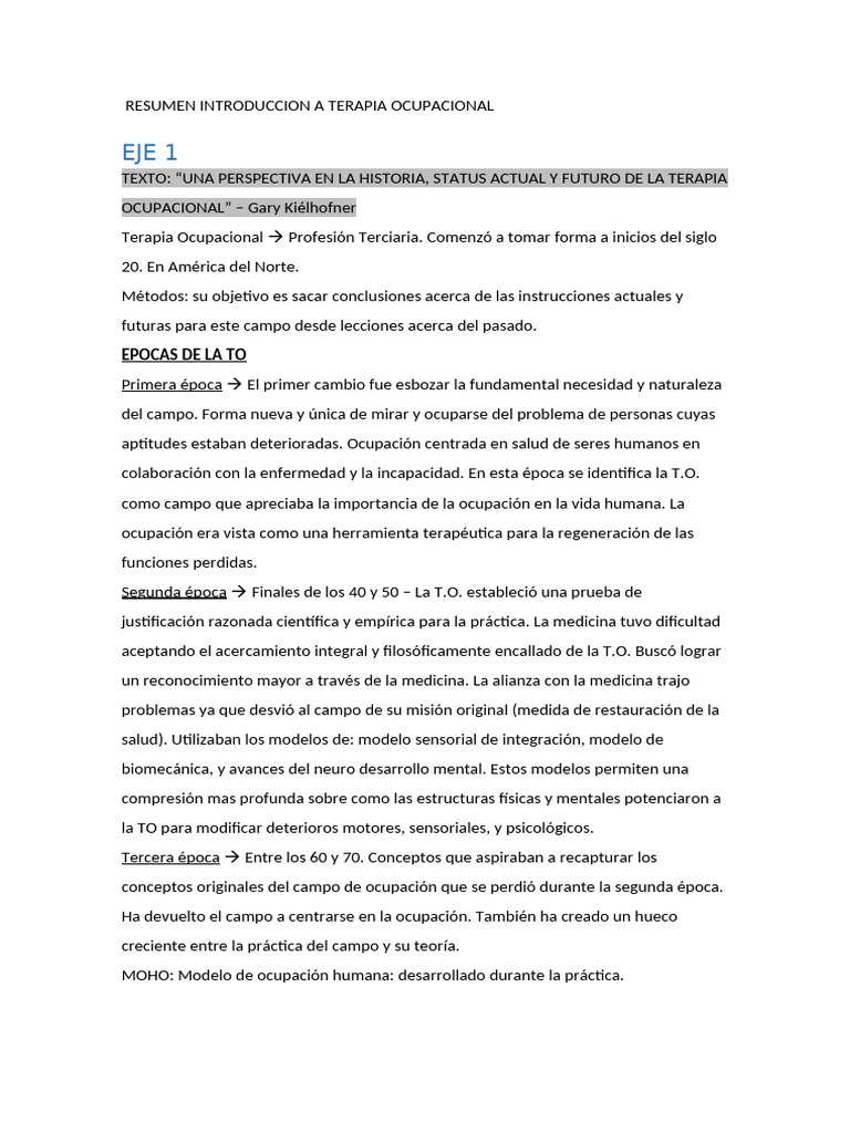 Resumen Introduccion a Terapia Ocupacional | PDF | Terapia ocupacional ...