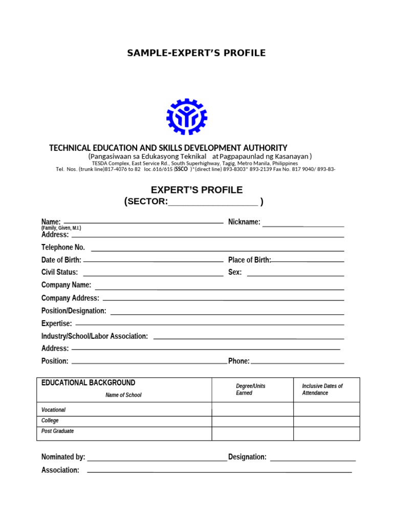 Expert Profile for TESDA Professionals | PDF