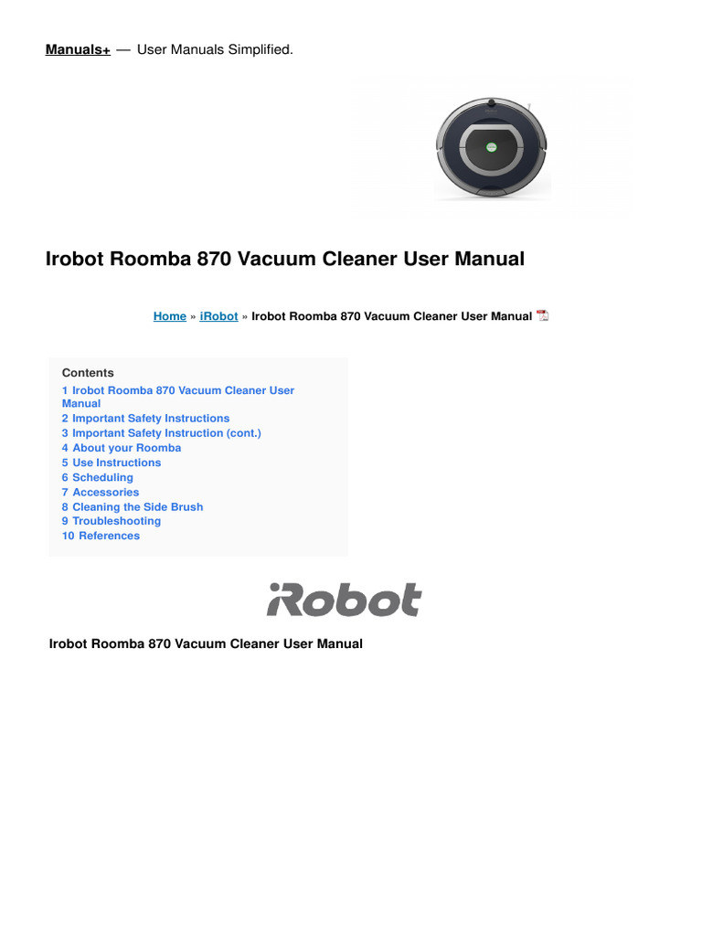 Irobot Roomba 870 Vacuum Cleaner User Manual | PDF | Manufactured Goods