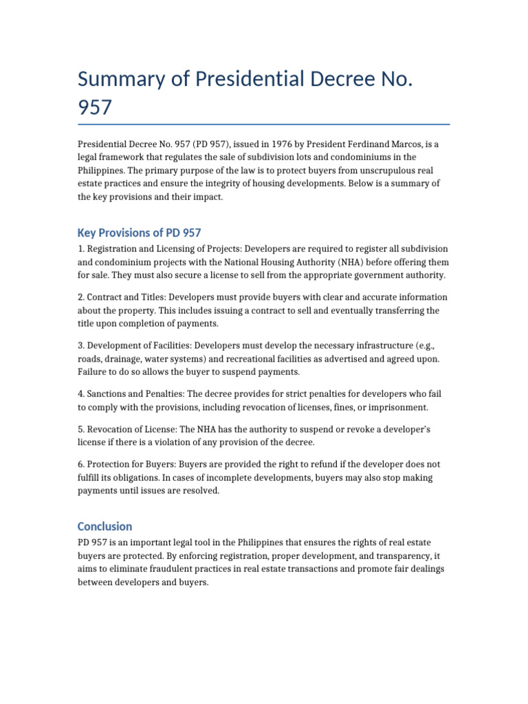PD 957 Summary | PDF