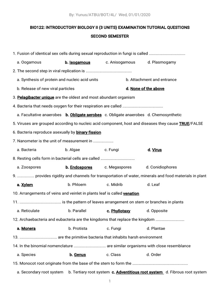 Biology II Exam Questions and Answers | PDF