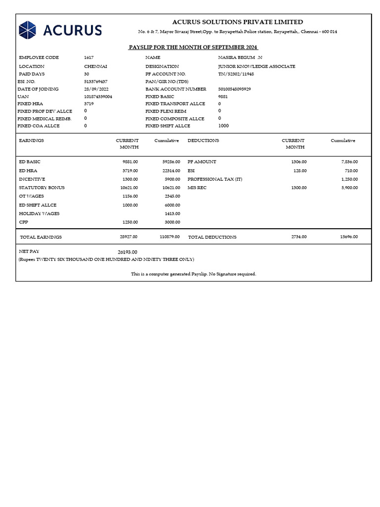Acurus Solutions Private Limited: Payslip For The Month of September ...