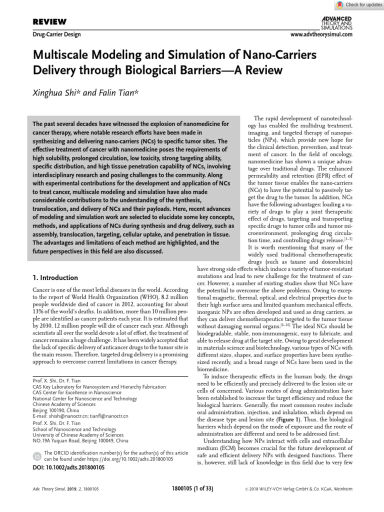 2019 Multiscale Modeling and Simulation of Nano Carriers Delivery Through Biological | PDF ...