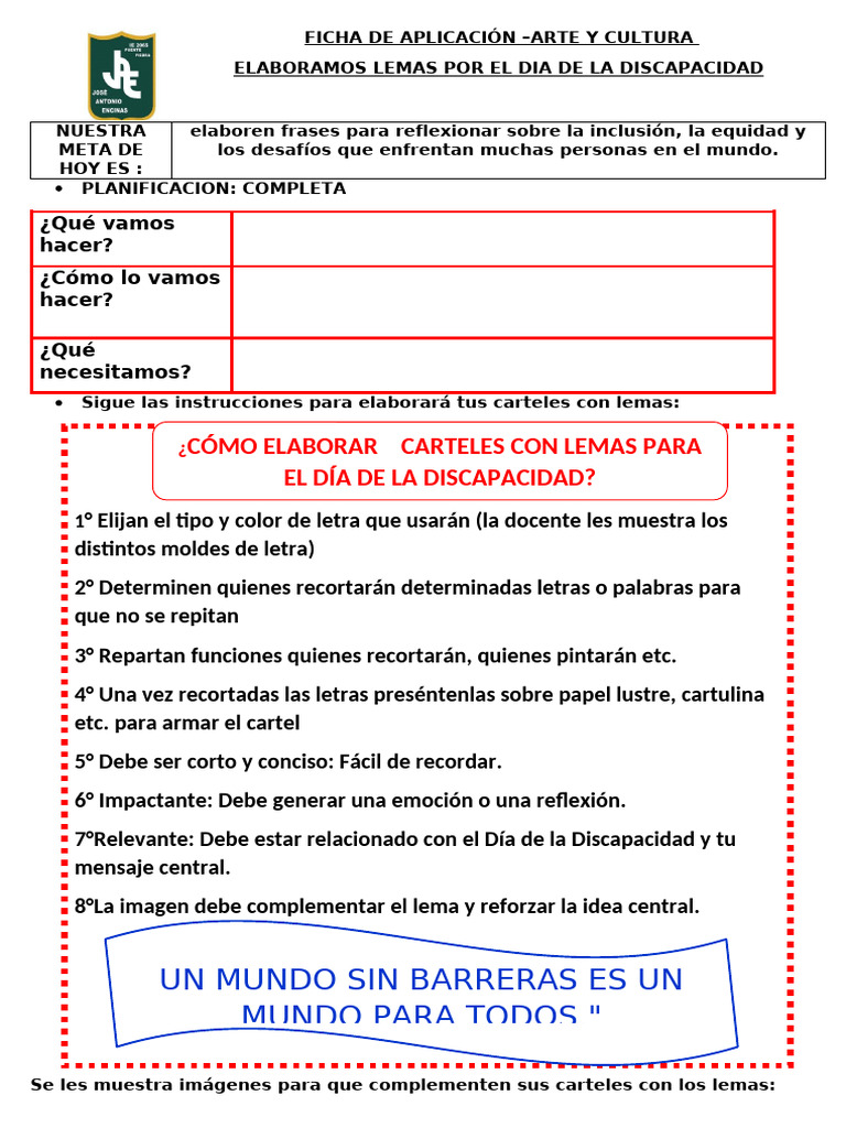Ficha de arteELABORAMOS LEMAS POR EL DIA DE LA DISCAPACIDAD | PDF