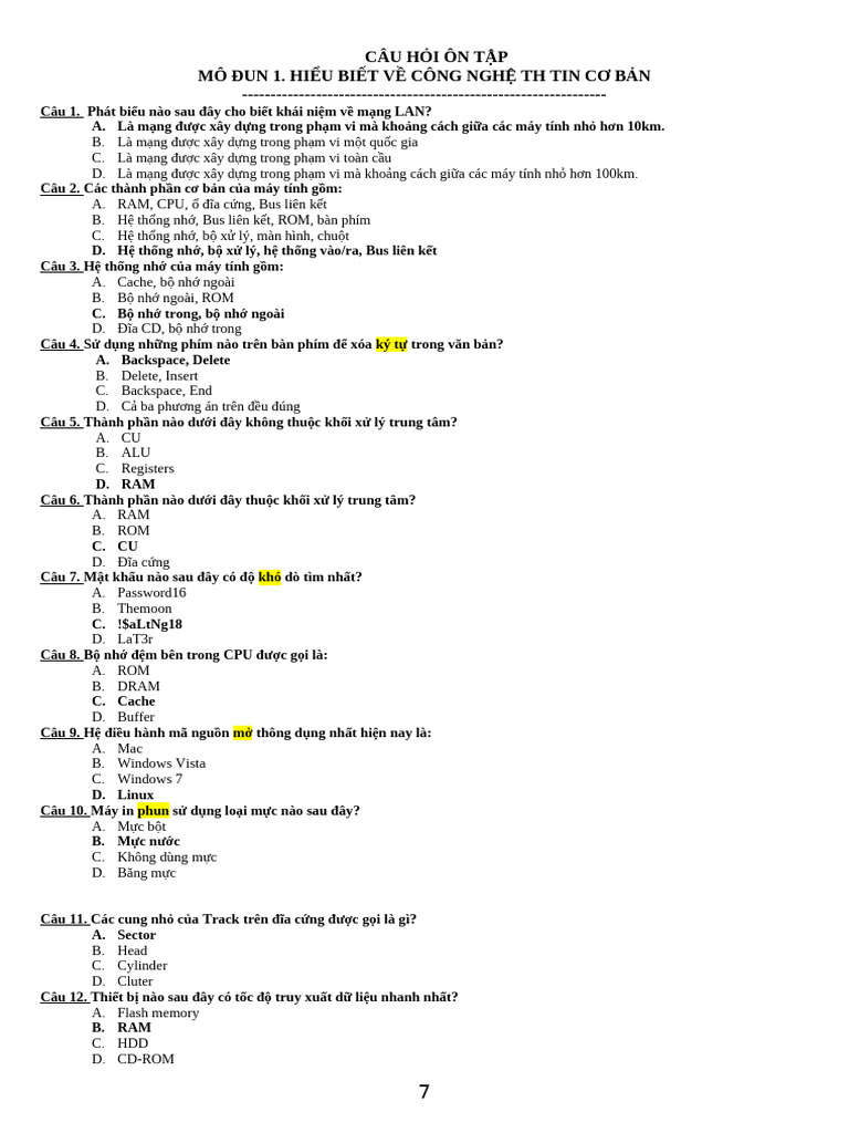 3.cau Hoi Va Dap An Tin Hoc | PDF