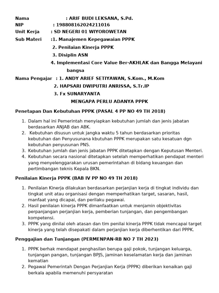 Tugas Resum 3 Manajemen Kepegawaian PPPK& Penilaian KInerja PPPK Arif Budi Leksana, S.pd. | PDF