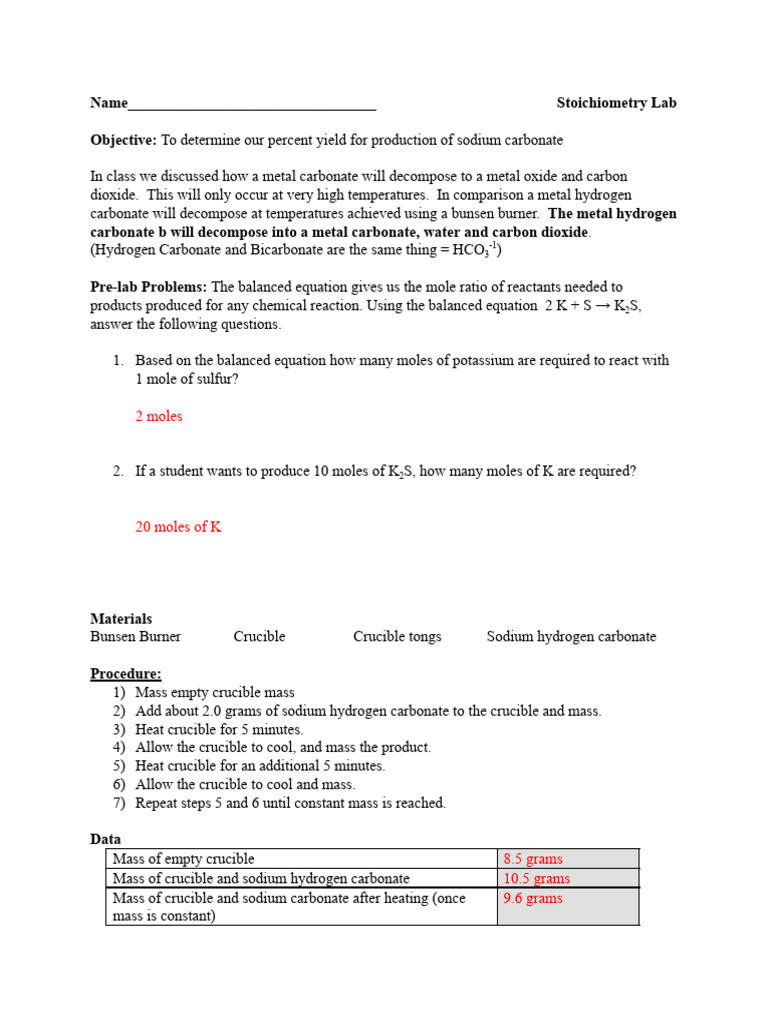 Stoichiometry Lab - 15329476 | PDF | Stoichiometry | Carbonate