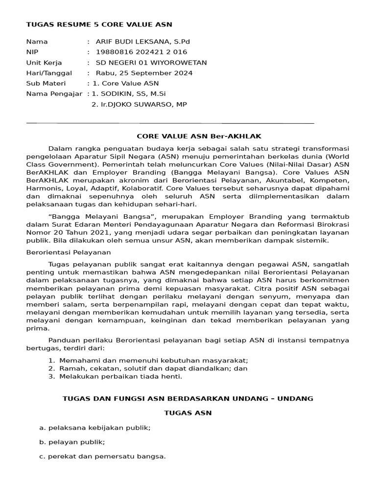 Tugas Resume 5 (Core Value Asn' Ber-Akhlak) - Arif Budi Leksana, S.pd. | PDF