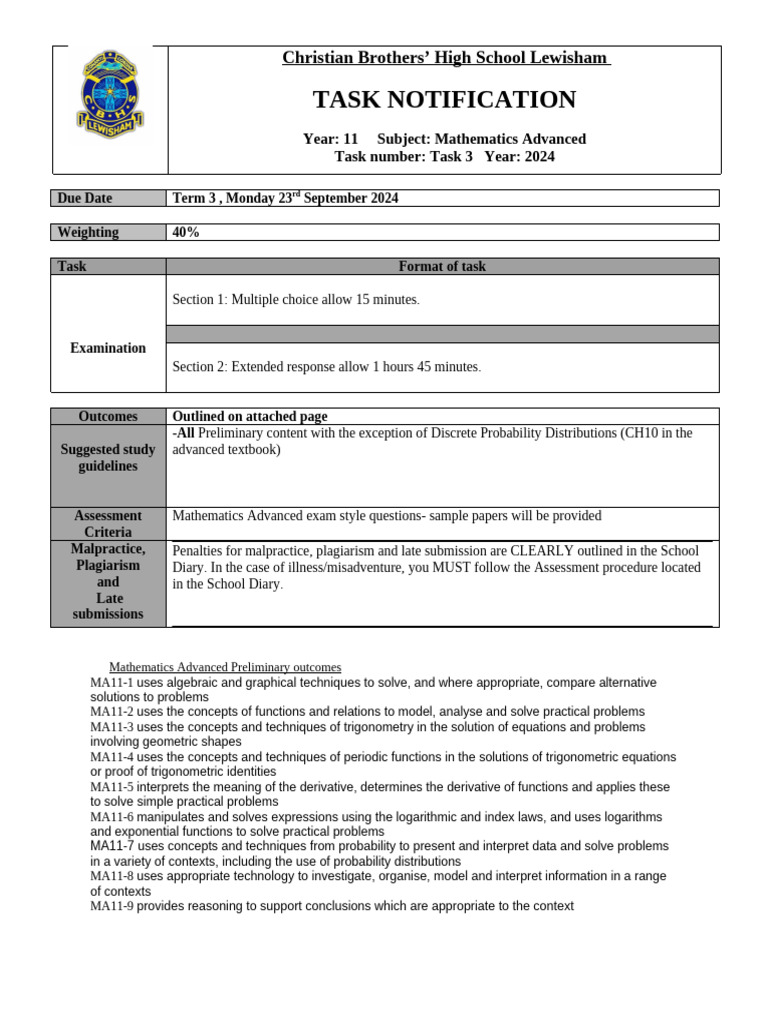 Yr 11 Math Adv 2024 T3 Notification | PDF | Mathematics | Equations