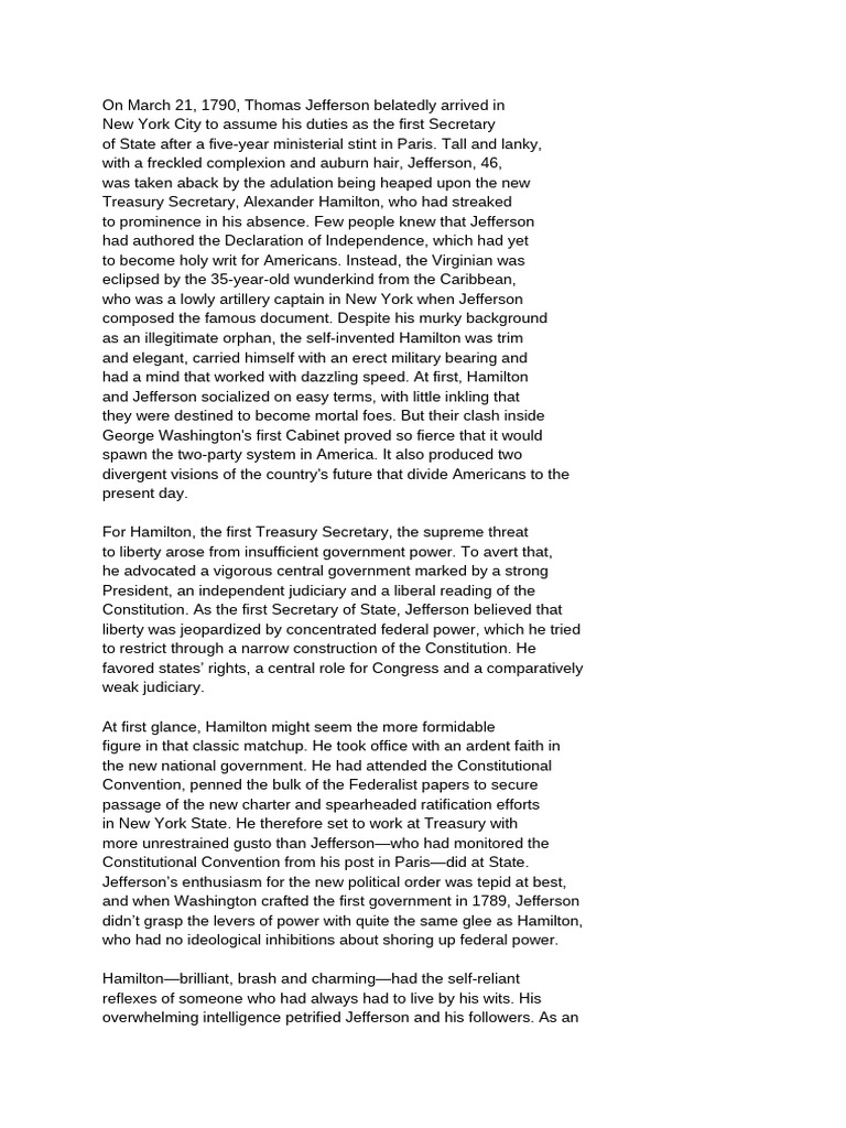 Hamilton vs. Jefferson: Founding Rivalry | PDF | Thomas Jefferson ...
