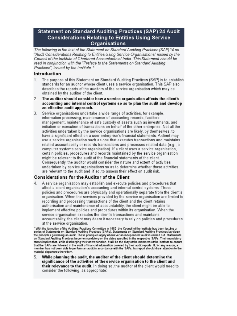 Statement On Standard Auditing Practices (SAP) 24 Audit Considerations ...