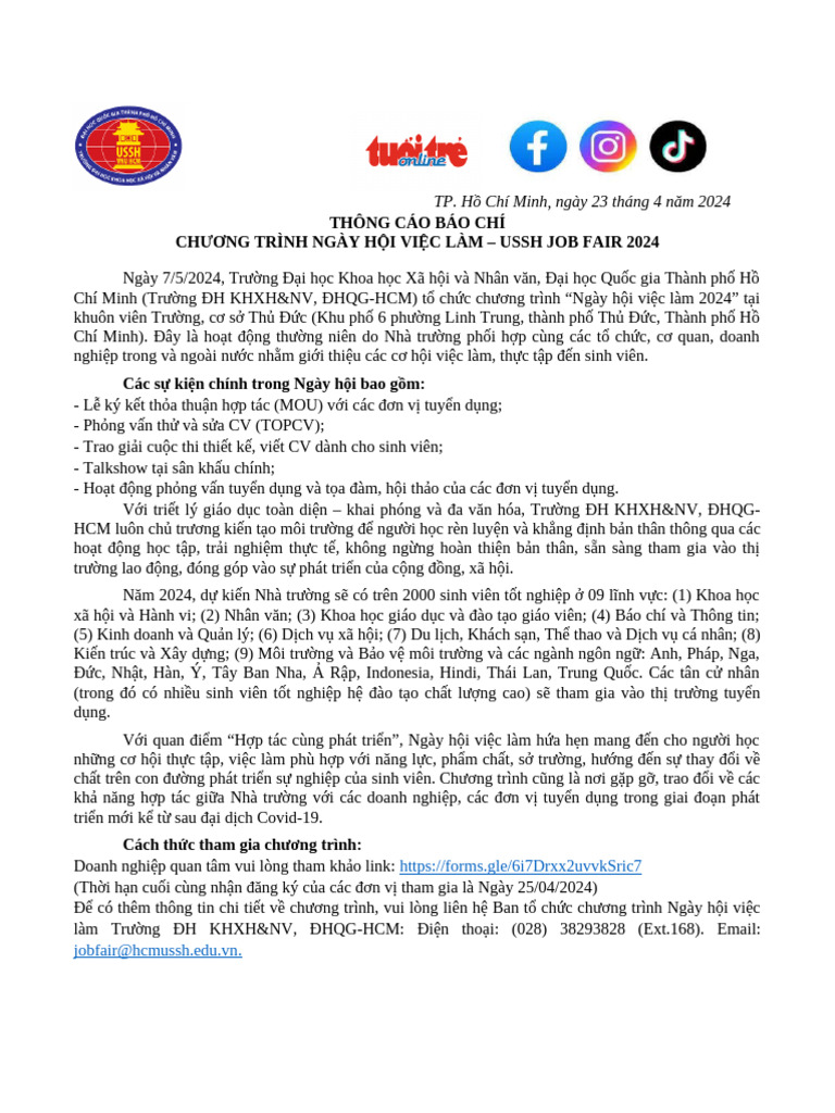 Thông Cáo Báo Chí Ussh | PDF