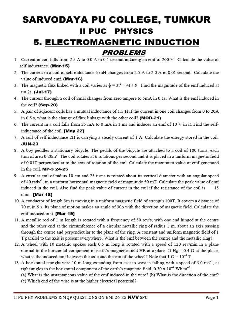 Ii Pu Phy Problems On Emi 24-25 KVV SPC | PDF | Inductance | Electromagnetic Induction