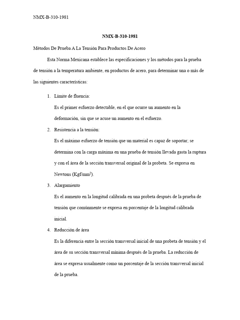 Tensión NMX B 310 | PDF | Ingeniería mecánica | Materiales