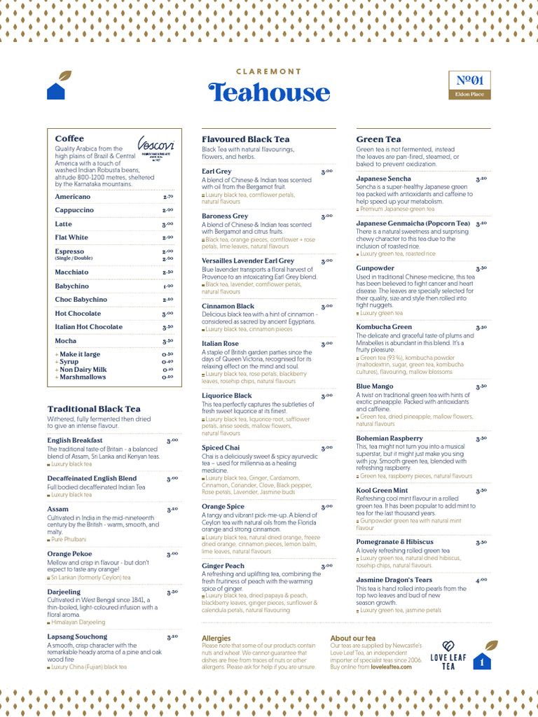 Claremont T-House Tea Menu | PDF | Tea | Hot Drinks