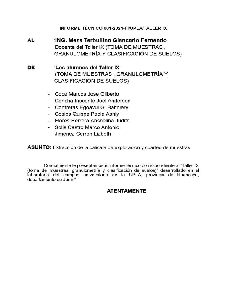 Informe Técnico 001-2024-Fi - Upla - Taller Ix | PDF | Suelo | Laboratorios