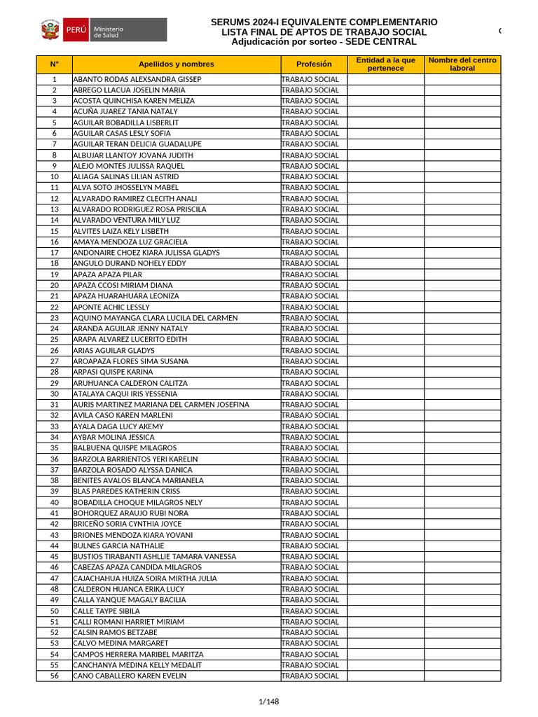 Lista Final de Aptos Por Sorteo de La Etapa Equivalente Complementaria Serums 2024 I 2 | PDF ...
