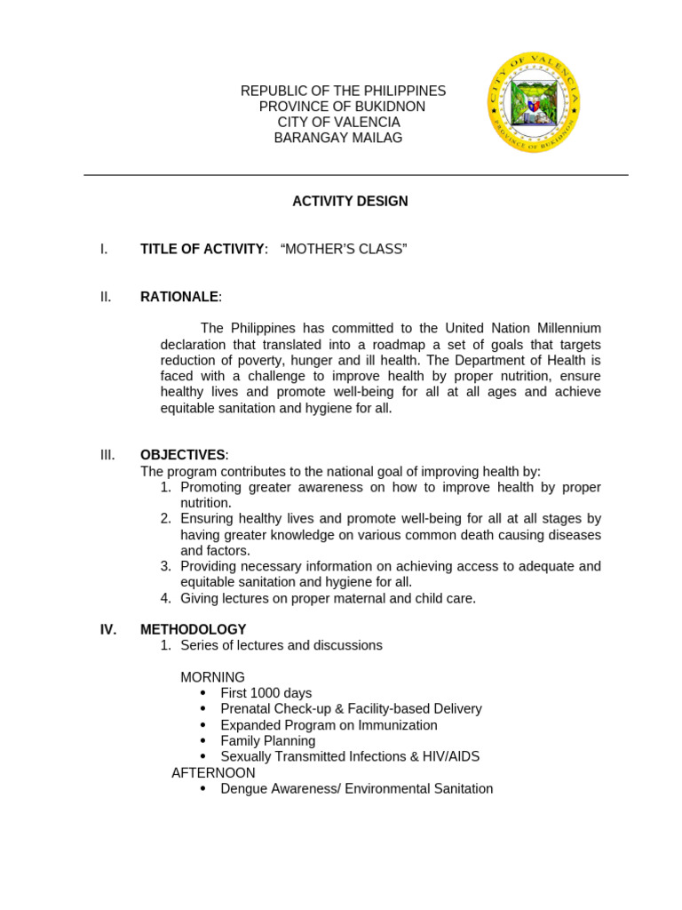 Mother's Class Activity Design | PDF | Public Health | Health Care