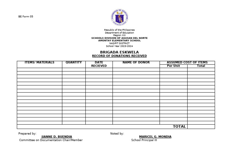 AMES BE Form 5 RECORD OF DONATIONS RECEIVED | PDF