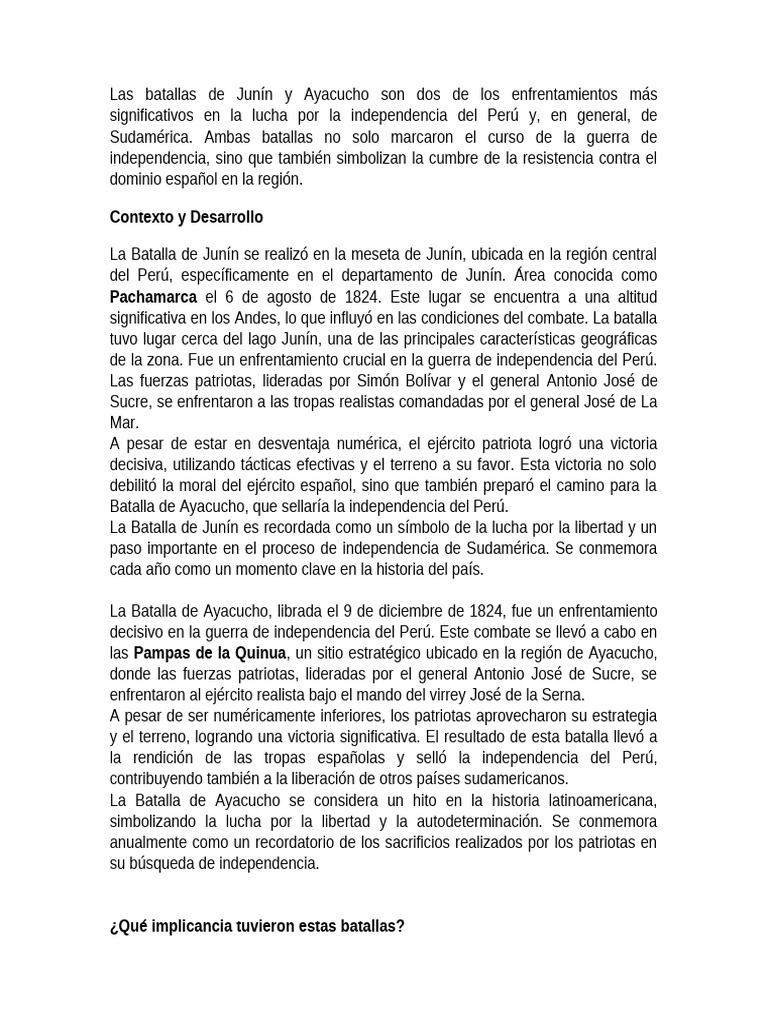 Las Batallas de Junín y Ayacucho Son Dos de Los Enfrentamientos Más ...