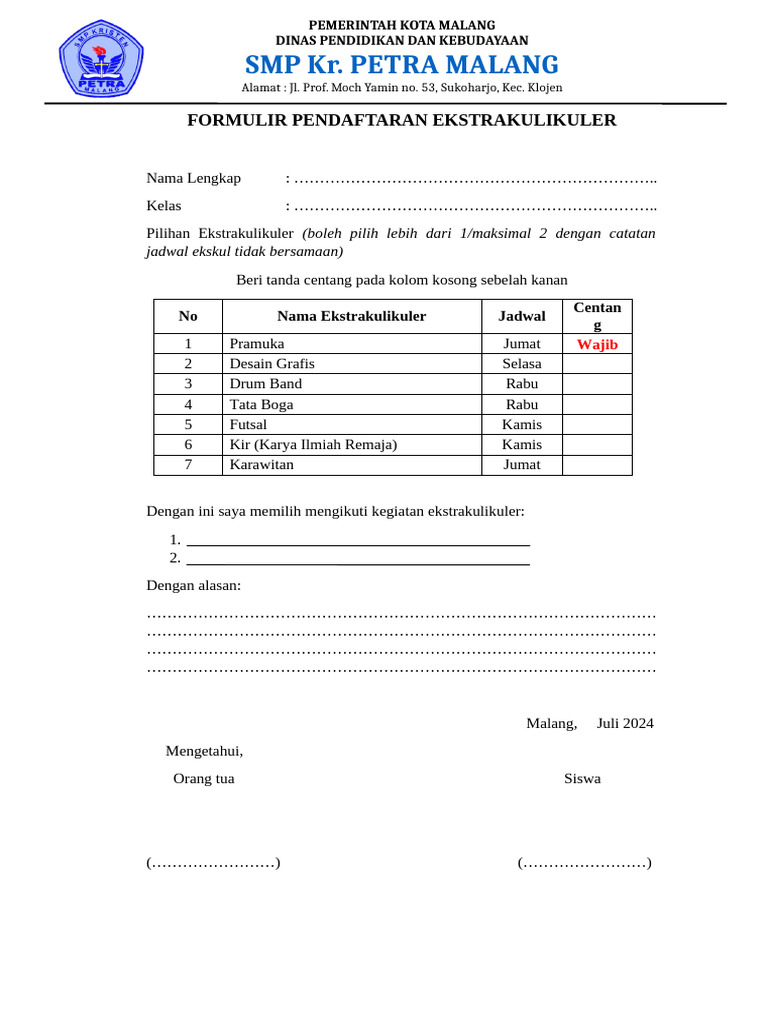Formulir Ekstrakurikuler SMP Petra | PDF