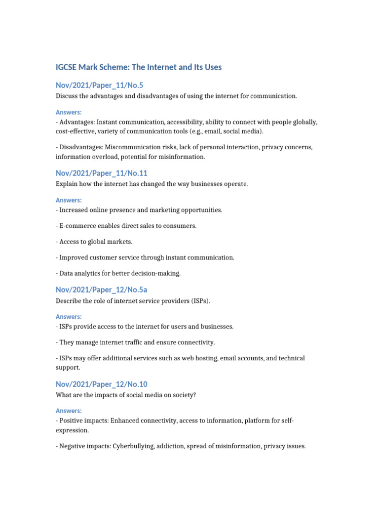 IGCSE Mark Scheme The Internet and Its Uses | PDF | Internet | Popular Culture & Media Studies