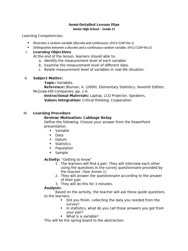 Semi Detailed Lesson Plan | PDF | Level Of Measurement | Survey Methodology