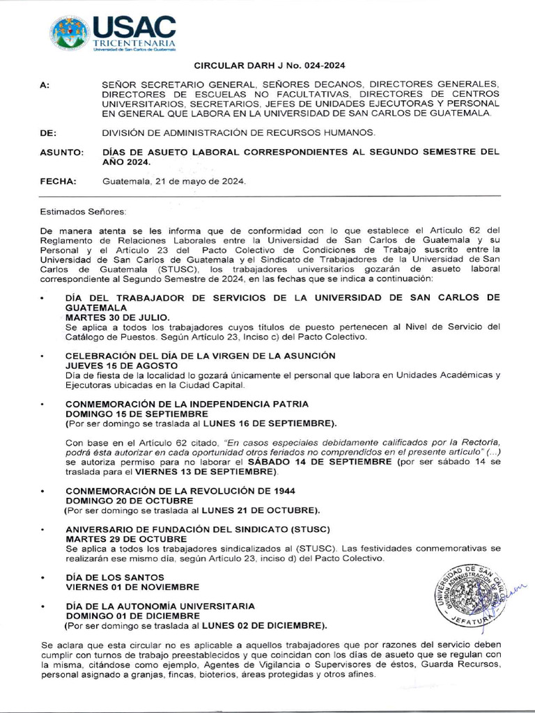 Circular Darh J No. 024-2024, Asuetos Segundo Semestre Del 2024. | PDF
