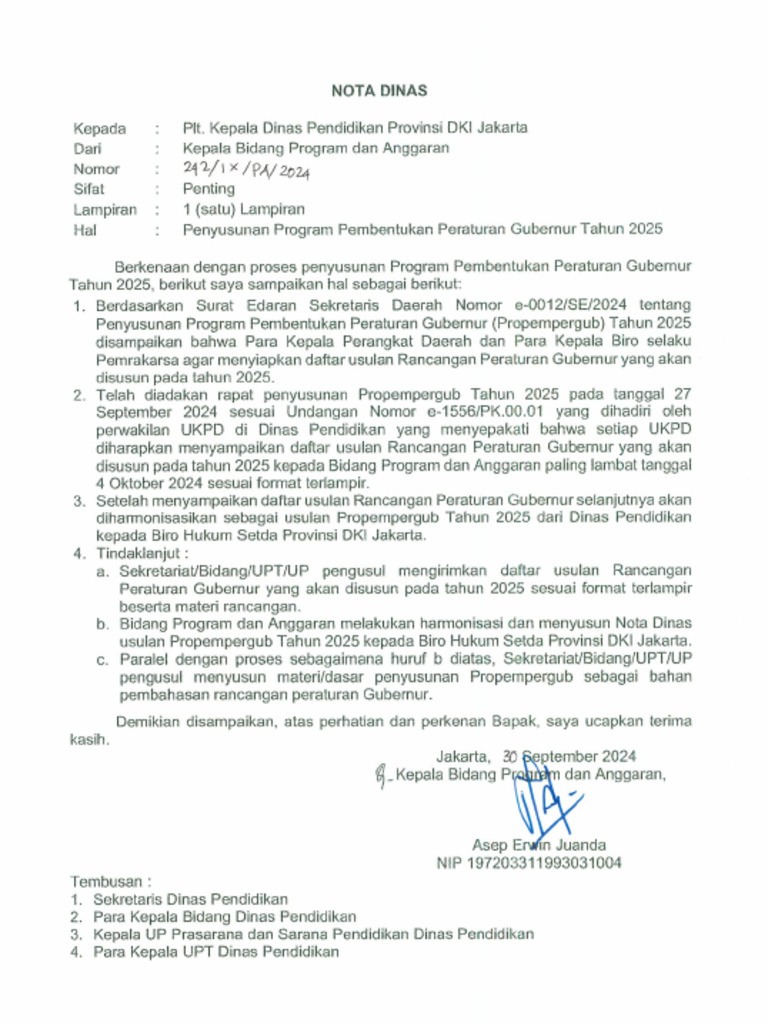 Nodis Kabid P&a Kepada Plt. Kadisdik No.242 Hal Penyusunan Propempergub Tahun 2025 | PDF