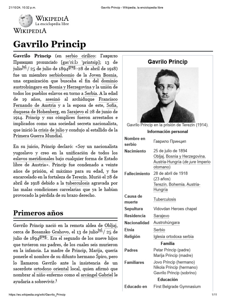 Biografía de Gavrilo Princip | PDF