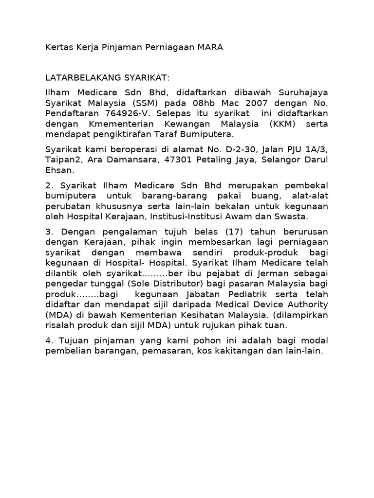 Kertas Kerja Pinjaman Perniagaan MARA | PDF