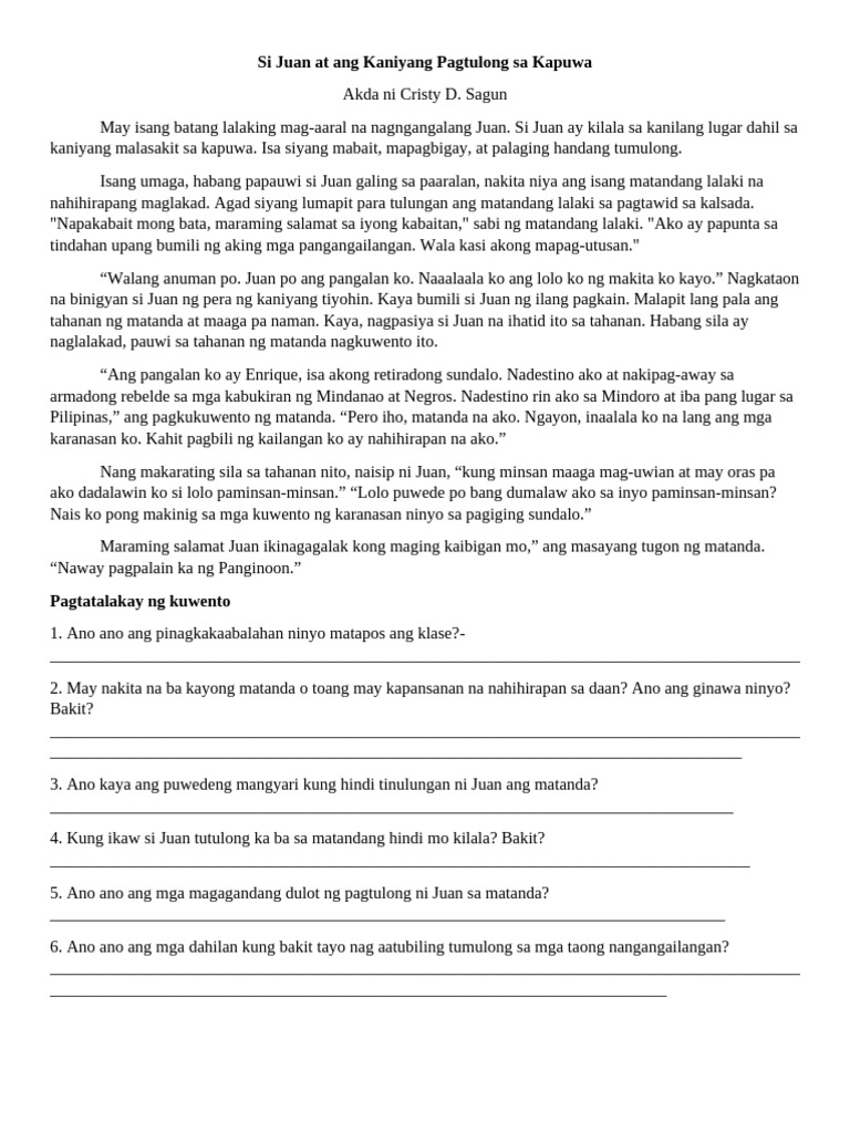 Si Juan at Ang Kaniyang Pagtulong Sa Kapuwa | PDF