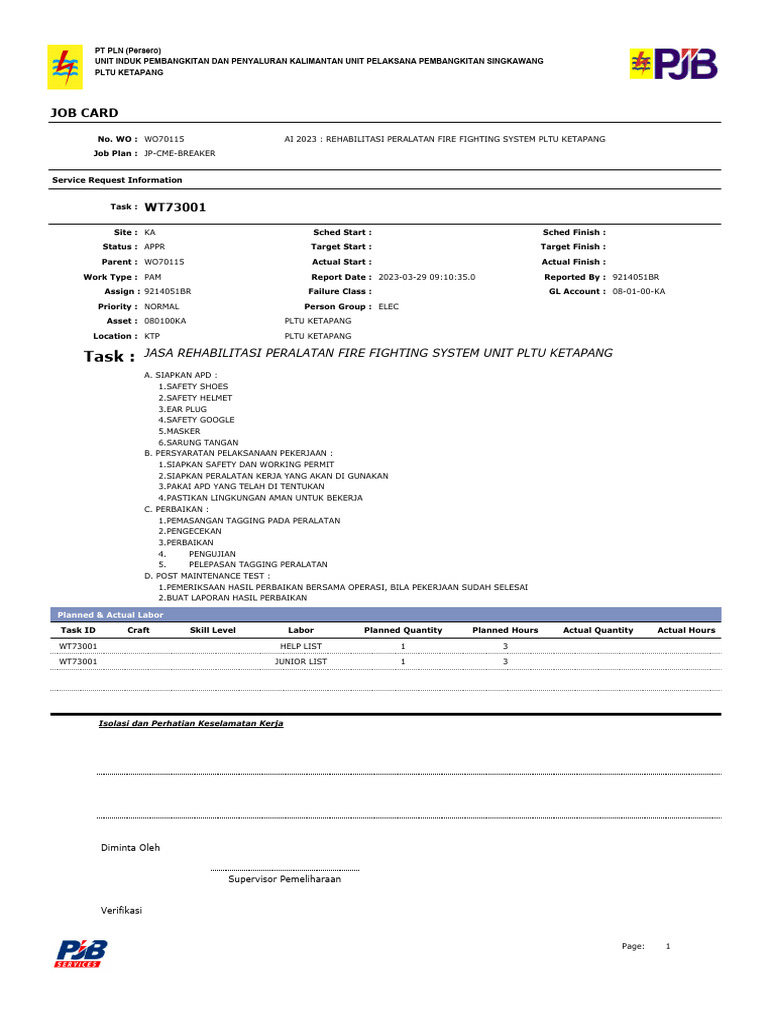 PJB D W Jobcard Per Task r1 | PDF
