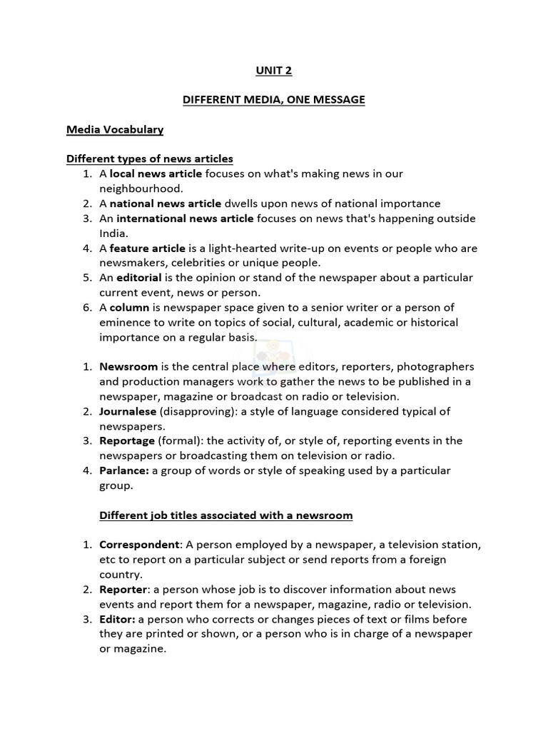 Hsslive Xi Comm English Unit 2 Notes by Judith | PDF | Newspapers | News