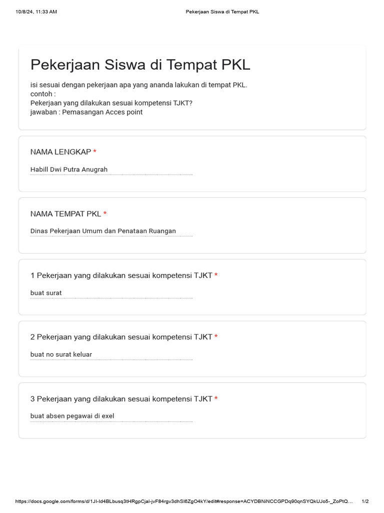 Pekerjaan Siswa Di Tempat PKL - Google Formulir | PDF