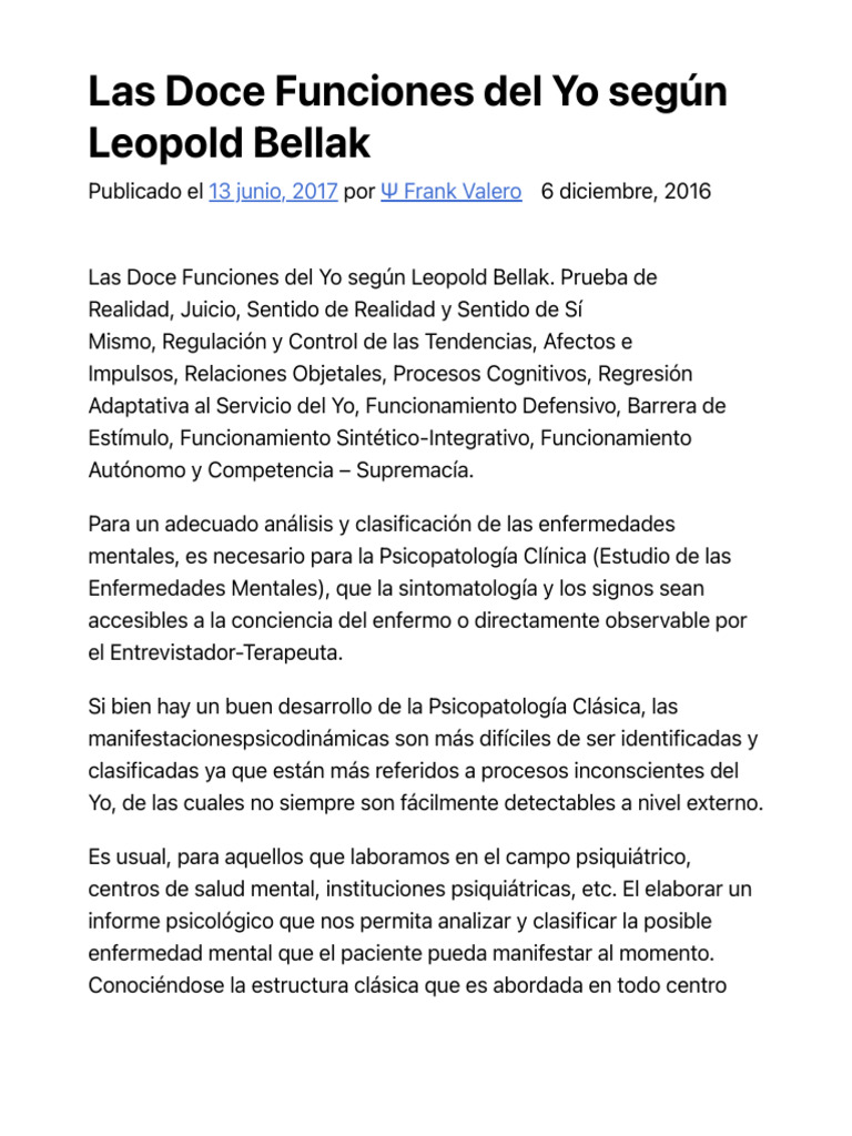 Las Doce Funciones del Yo según Leopold Bellak - Ѱ Psicovalero | PDF ...