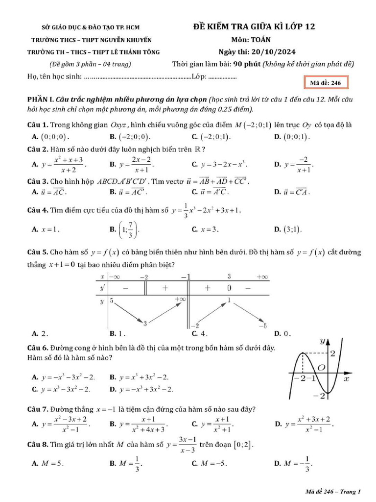 De Giua Ki 1 Toan 12 Nam 2024 2025 Truong Nguyen Khuyen Le Thanh Tong TP HCM | PDF