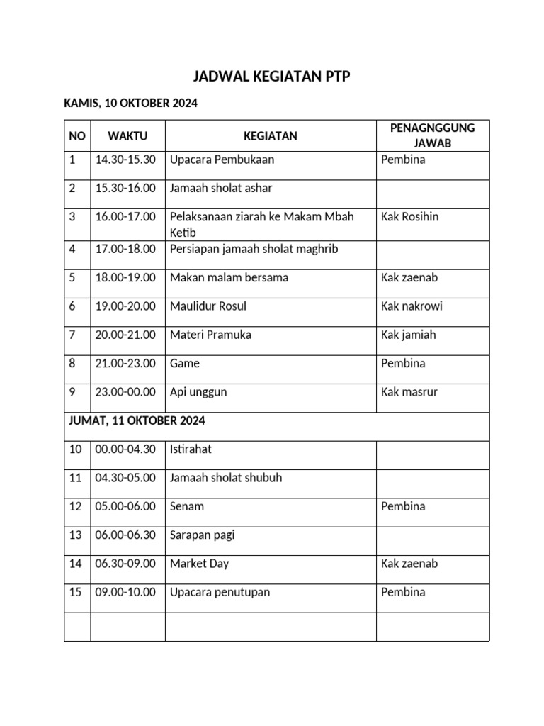 Jadwal Kegiatan PTP | PDF